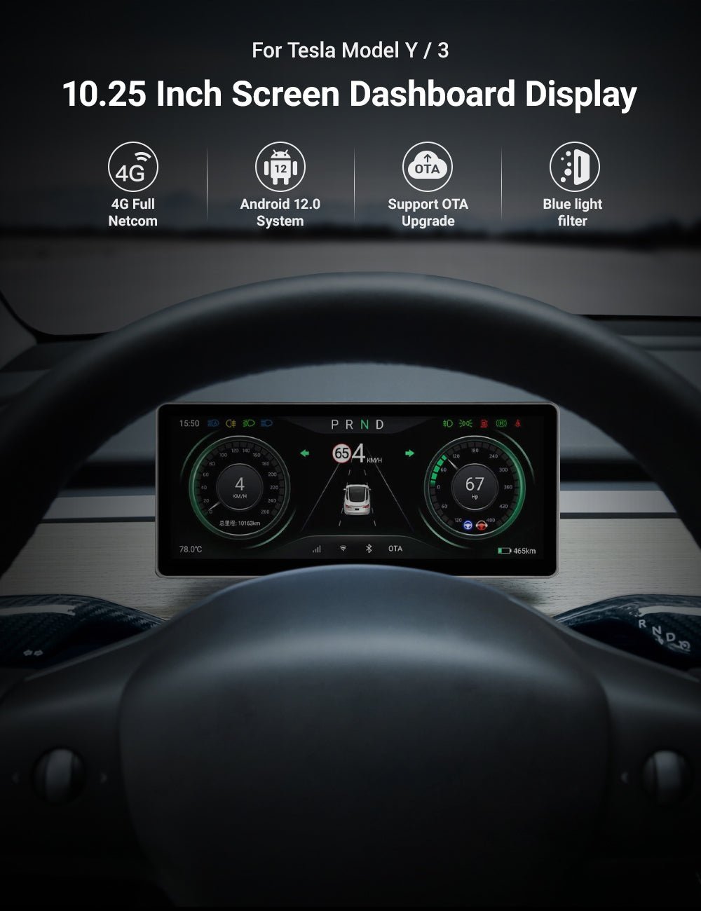 TESEVO 10.25 Inch Android 4G Tesla Model 3 / Y Display LCD Dashboard S